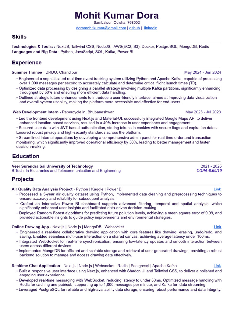 Mohit Kumar Dora Resume | PDF | Postgre Sql | Web Development