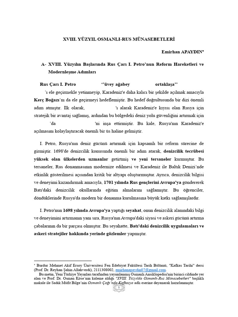Emirhan Apaydın - XVIII. Yüzyıl Osmanlı-Rus Münasebetleri | PDF