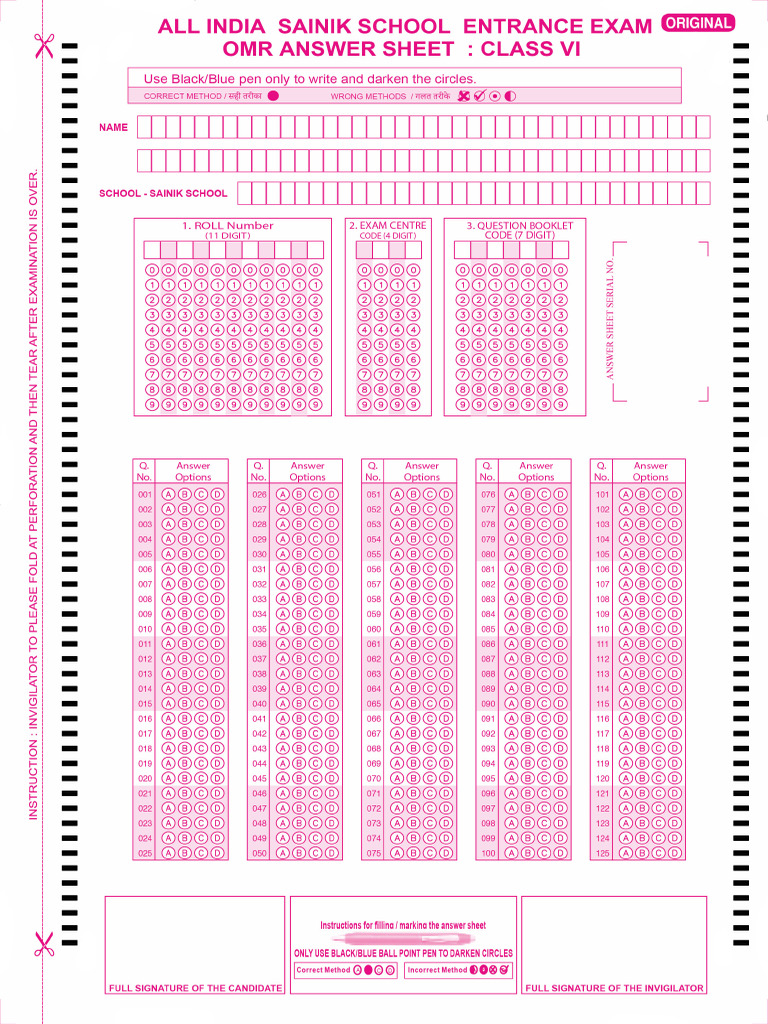 AISSEE OMR Sheet 2021 Sainik Schoo Entrance Exam | PDF