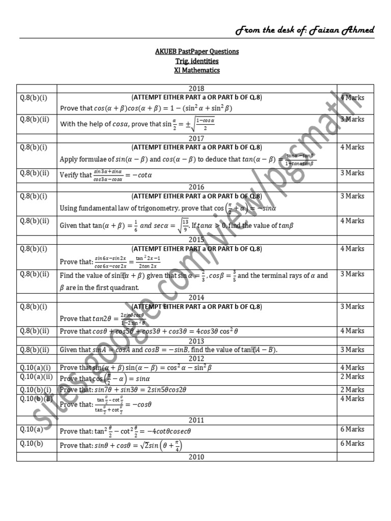 Trigonometric Identities Practice Questions | PDF | Trigonometry ...