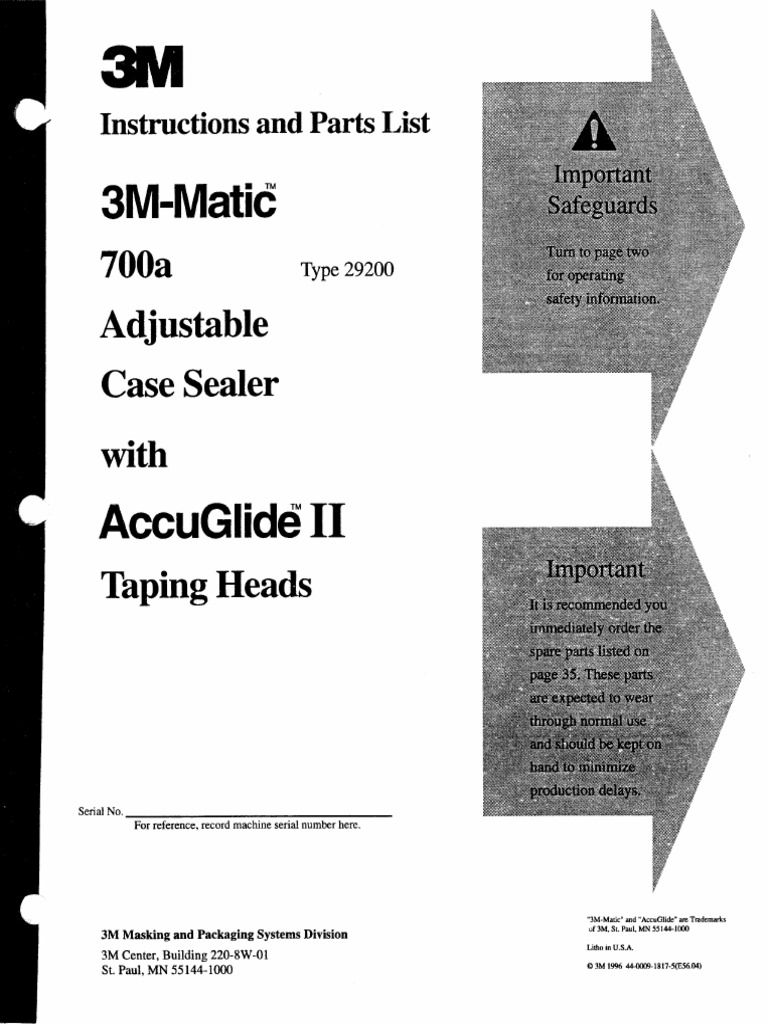 3M Case Sealer 700a Type 29200 Instructions and Parts Lists | PDF