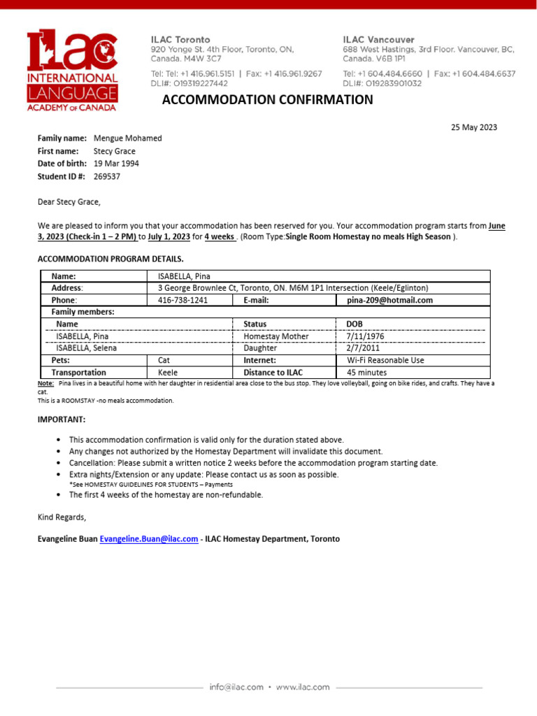 Homestay Letter - MENGUE MOHAMED, Stecy Grace – 269537 | PDF | Lunch | Meal