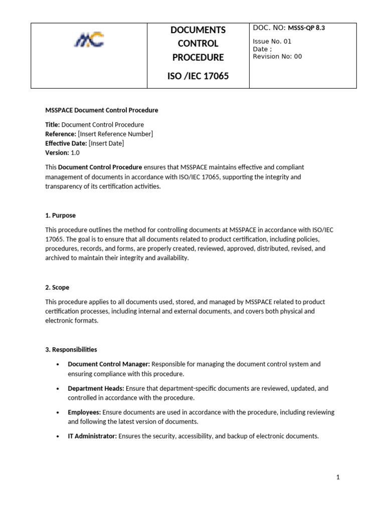 MSSPACE Document Control Procedure | PDF | Regulatory Compliance ...