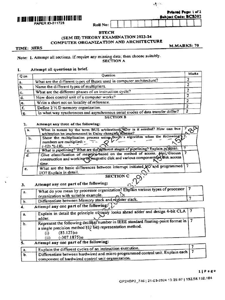 COA QP(2019-24) | PDF | Cpu Cache | Input/Output