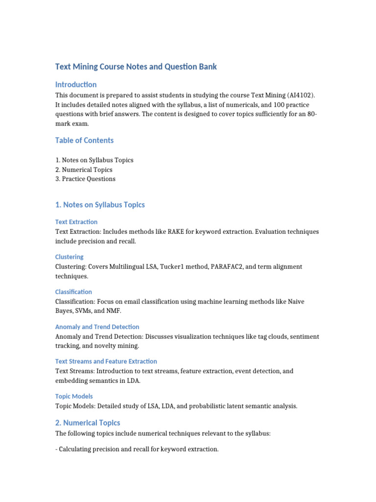 Text Mining Notes and Questions | PDF