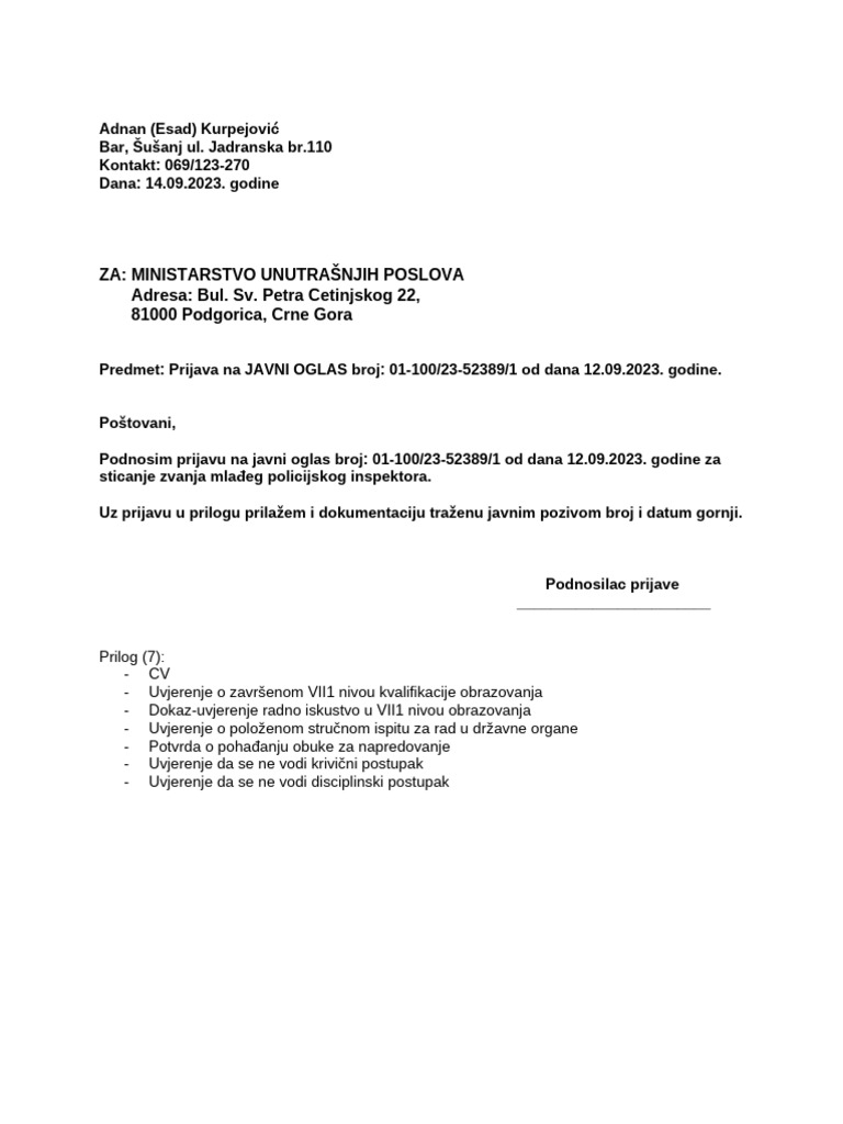 OBRAZAC Za Prijavu Na JAVNI POZIV | PDF