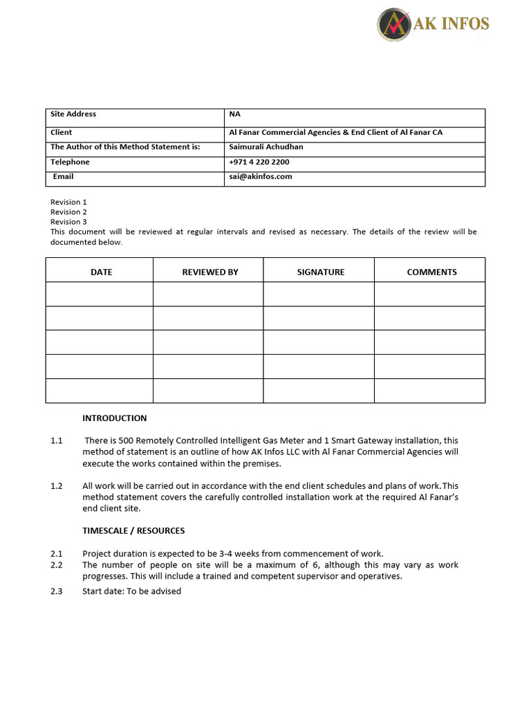 Method Statement for Gas Meter Installation | PDF | Personal Protective ...