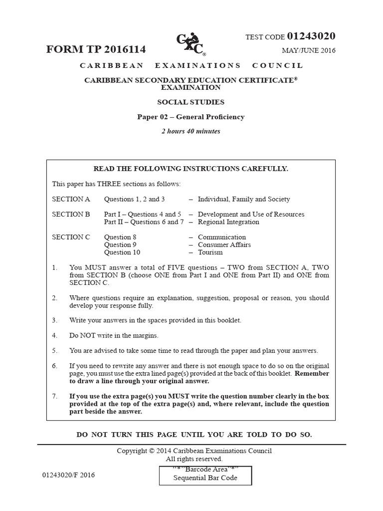 CSEC Social Studies Paper 2 Booklet (2016 - 2023) | PDF | Barcode