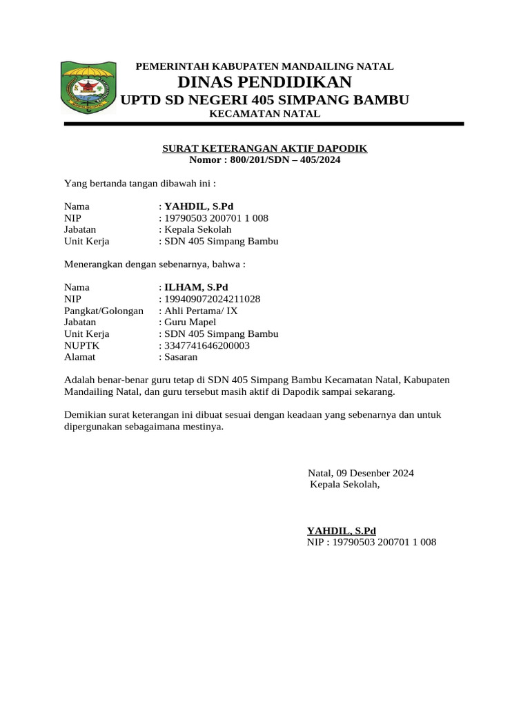 Surat Keterangan Aktif Dapodik | PDF