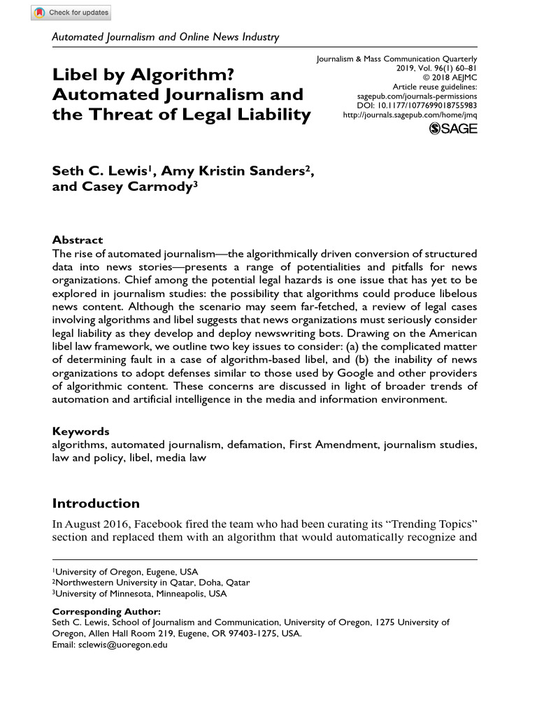 Lewis Et Al 2018 Libel by Algorithm Automated Journalism and The Threat ...