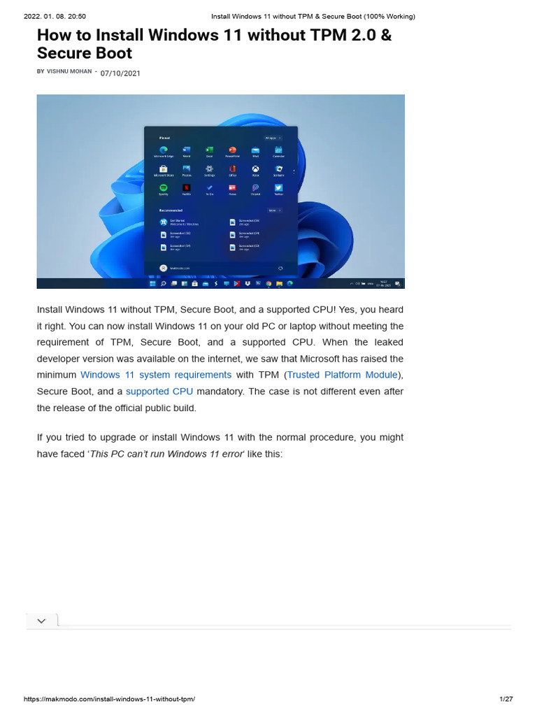 Install Windows 11 Without TPM & Secure Boot (100% Working) | PDF ...