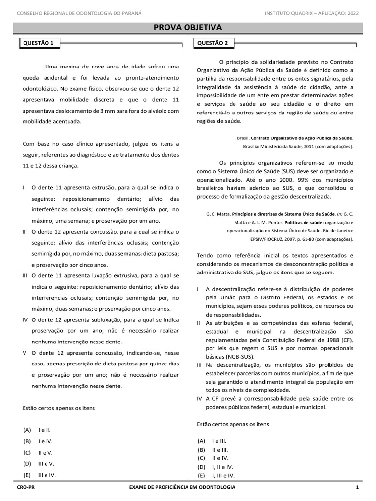QUADRIX CRO-PR Exame Proficiencia Caderno Prova | PDF | Odontologia ...