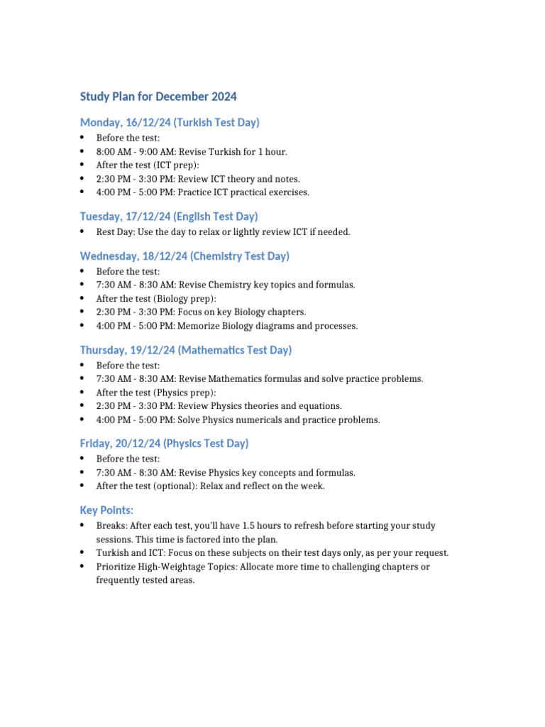Study Plan Test Week December 2024 | PDF