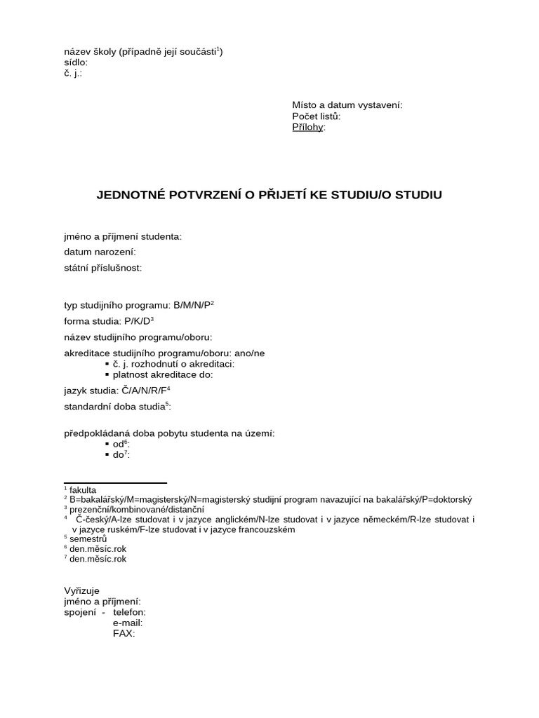 Jednotne Potvrzeni o Prijeti Ke Studiu - Ucel-Studium | PDF