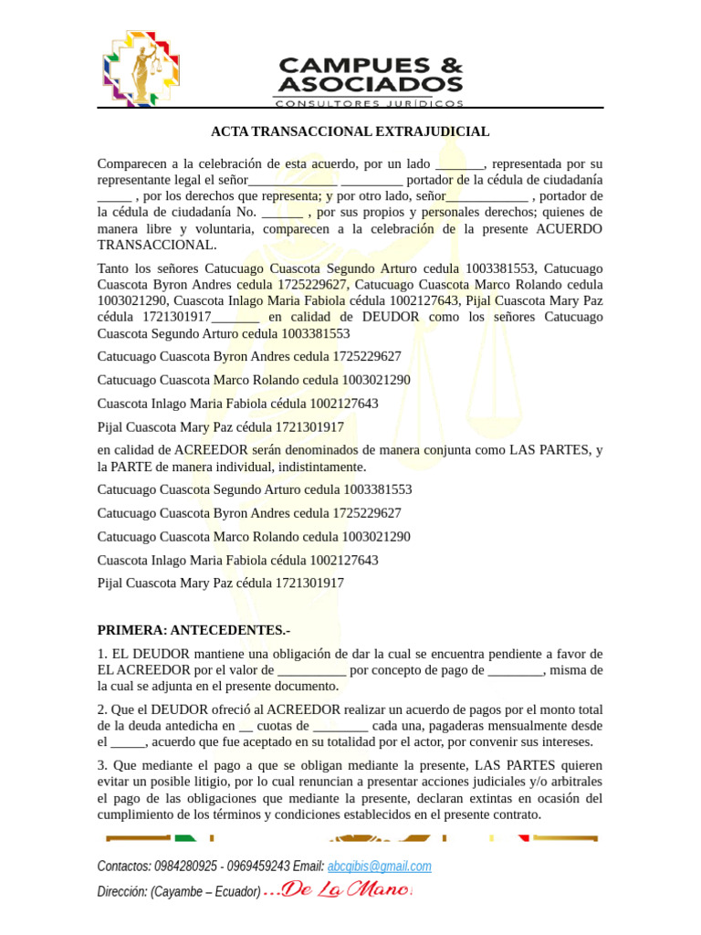 Acta Transaccional Formato C&A Julio 2024 | PDF | Arbitraje | Pagos