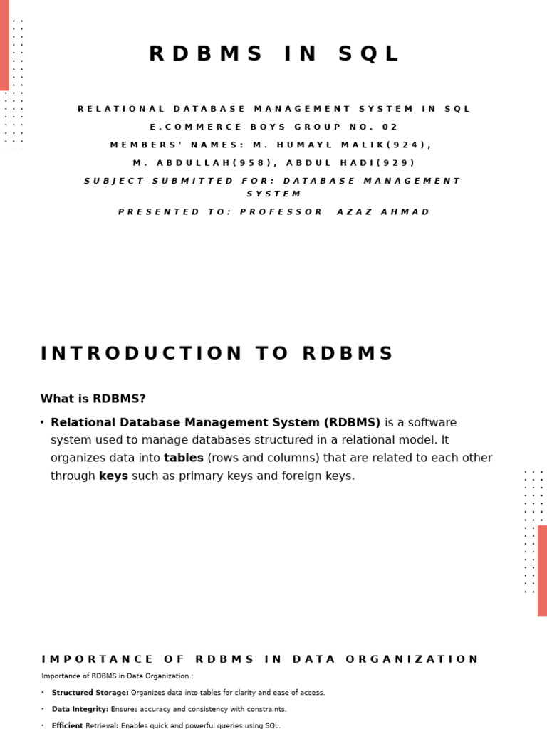 Rdbms In Sql Presentation Pdf Relational Database Databases