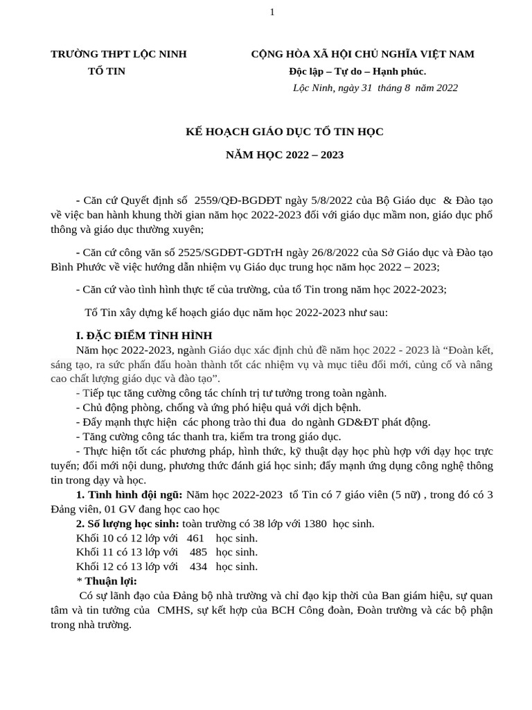 Ke Hoach Giao Duc Nam Hoc 2022 2023 to Tin (3) | PDF