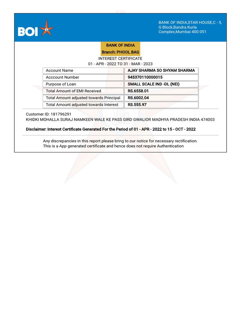 Bank of India Interest Certificate 2022-23 | PDF