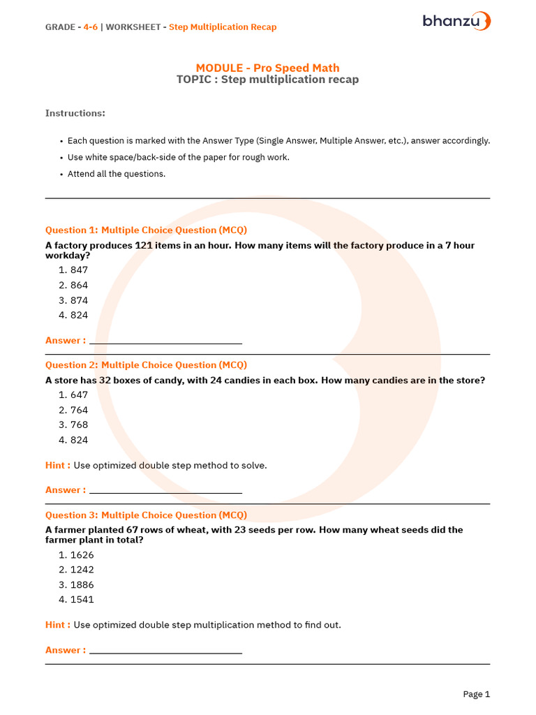 Step Multiplication Recap | PDF | Multiple Choice | Multiplication