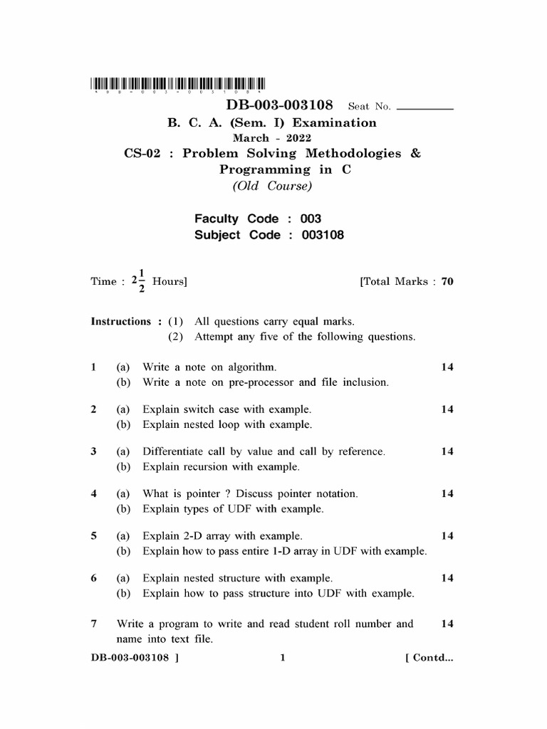 Bca Sem-1 (Old) March-2022 Cs-02 Prob. Solving Methodologis & Prog. in C | PDF