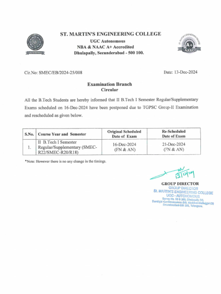 II B.tech 16-Dec-2024 Exam Postponed Circular | PDF