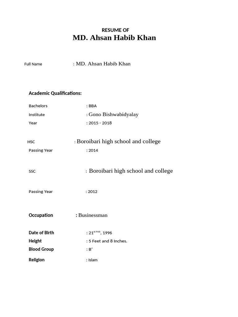 MD. Ahsan Habib Khan - BioData | PDF