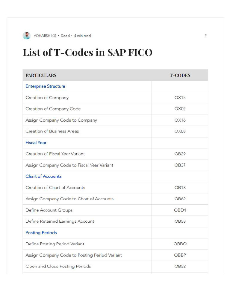 T Code List in SAP FICO | PDF