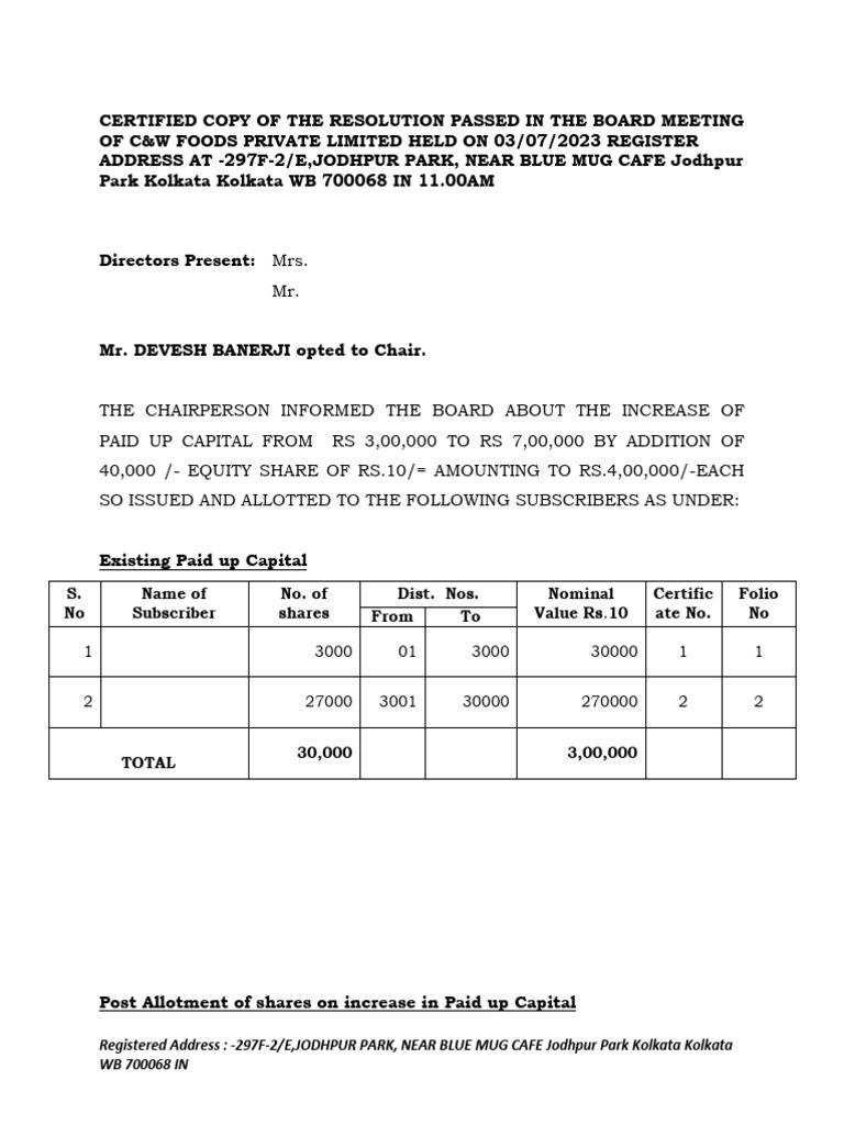 Resolution-for-Allotment-of-Shares (PAID UP) | PDF | Corporate Law ...