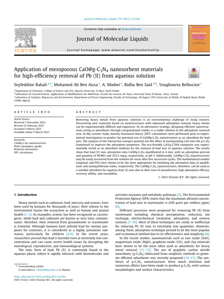 Journal of Molecular Liquids | PDF | Adsorption | Lead