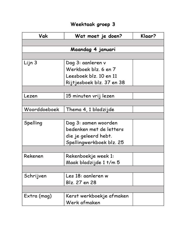 Thuiswerken Groep 3 Weektaak | PDF