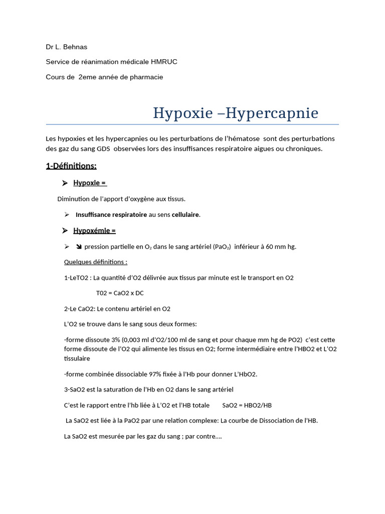 Hypoxie et Hypercapnie : Définitions et Mécanismes | PDF | Respiration ...