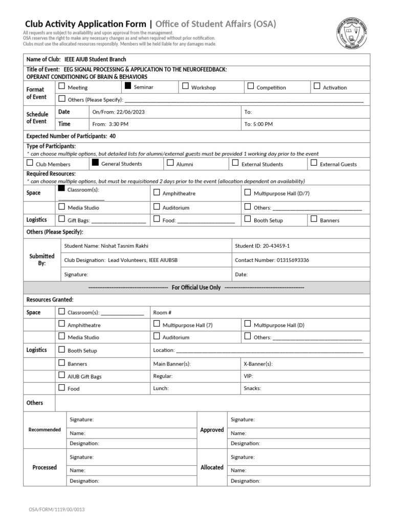 Club Activity Application Form Template | PDF | Neuroscience