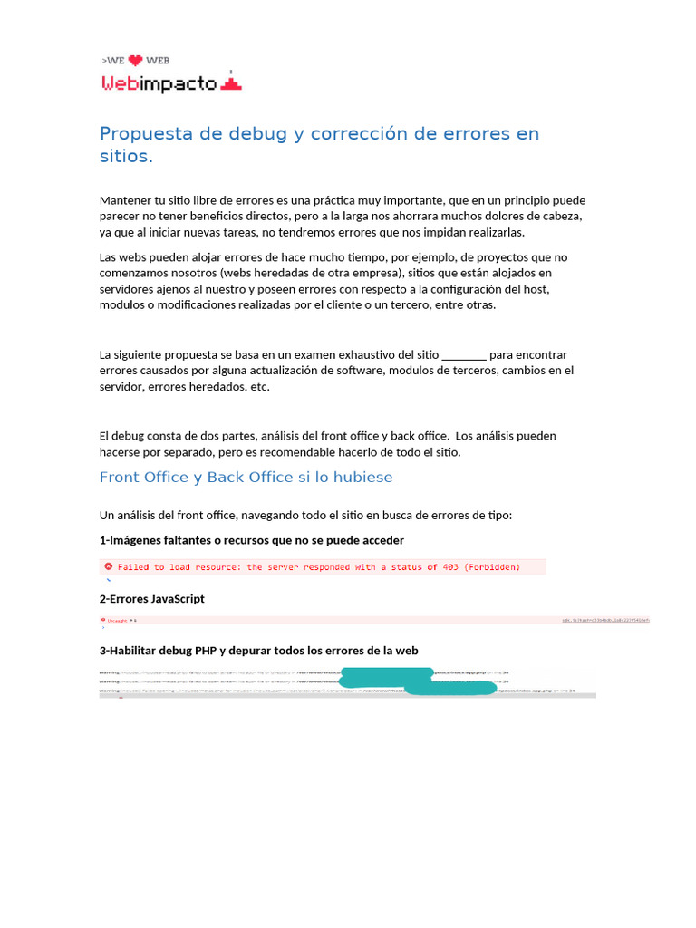 Propuesta de debug y corrección de errores en sitios | PDF