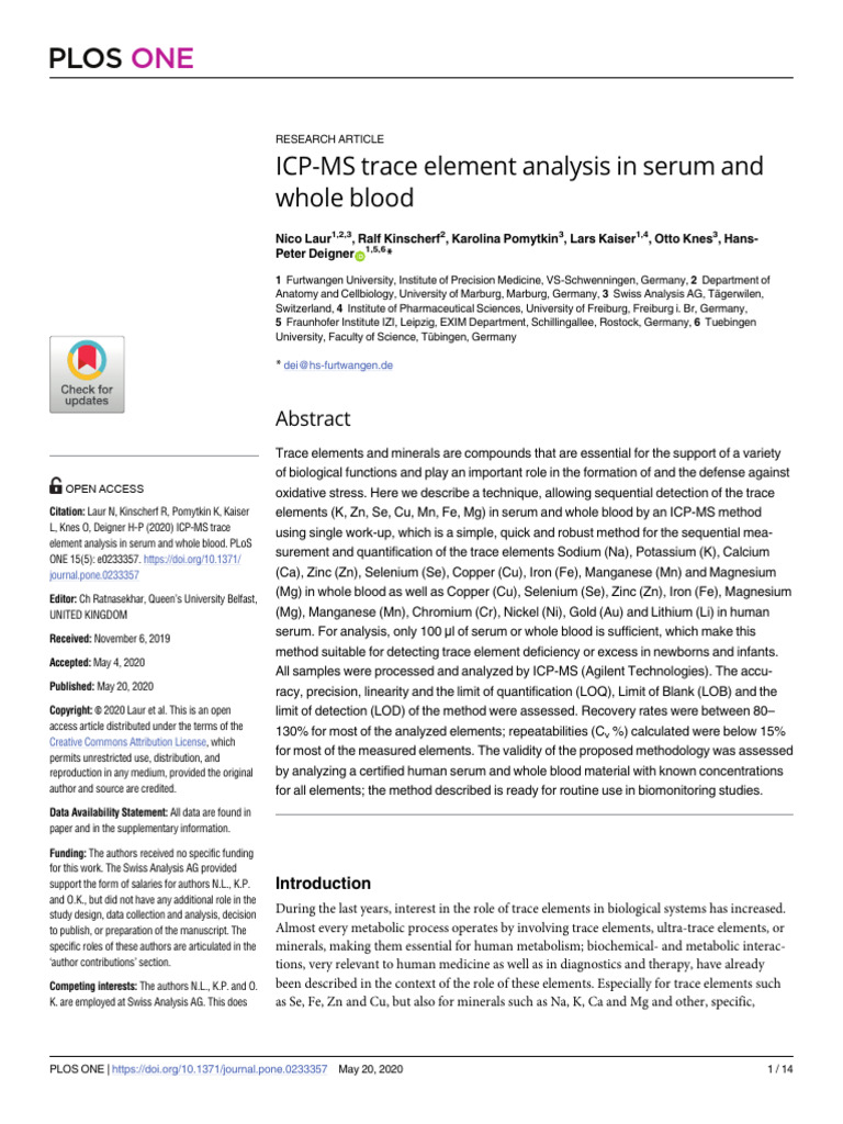 CP-MS Trace Element Analysis in Serum and | PDF | Detection Limit ...