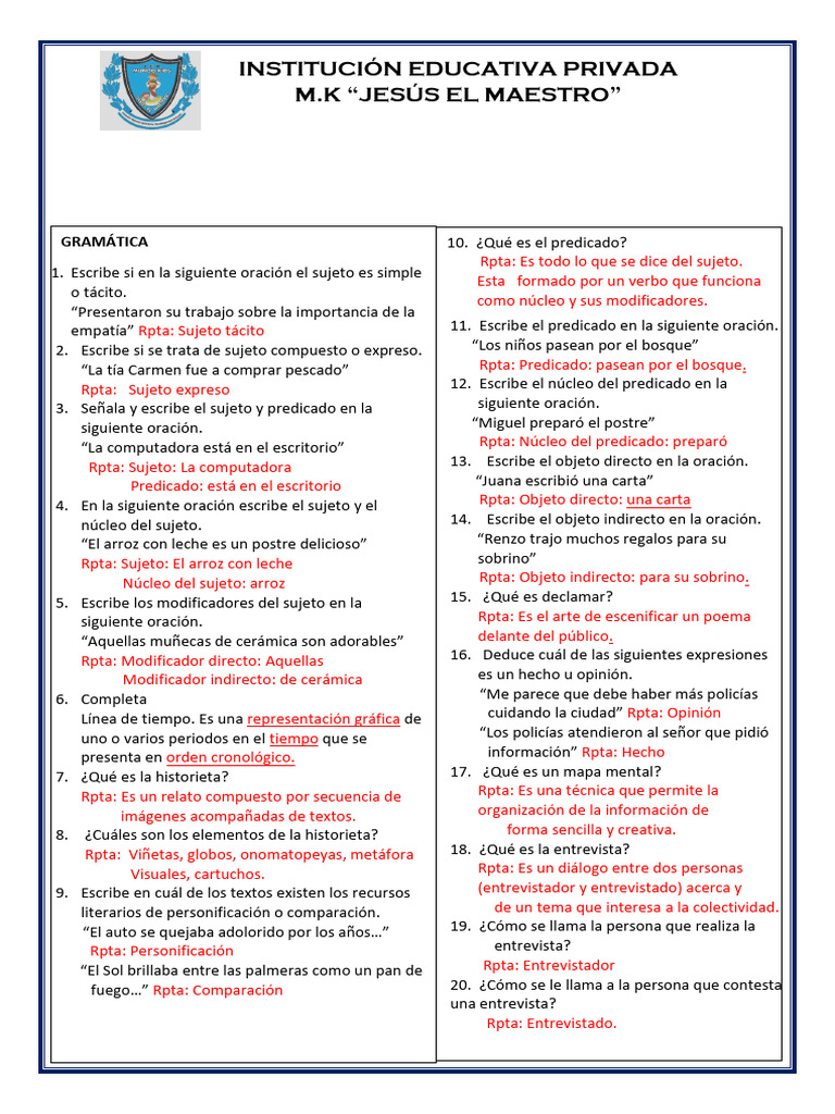 Balotario de Preguntas 5to Grado Iii Trimestre 2024 | PDF | Predicado ...