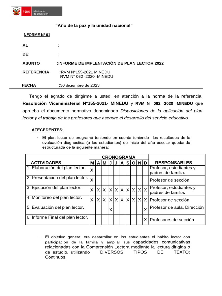 INFORME DE IMPLEMENTACION Y EJECUCION DEL PLAN LECTOR 2021 | PDF | Maestros | Comprensión lectora