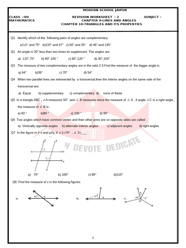 Class 7 Math Worksheet: Lines & Angles | PDF | Angle | Trigonometry