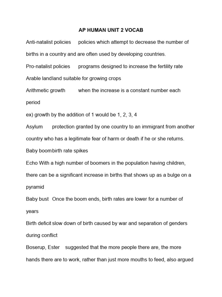 AP HUMAN UNIT 2 VOCAB - Google Docs | PDF | Total Fertility Rate ...