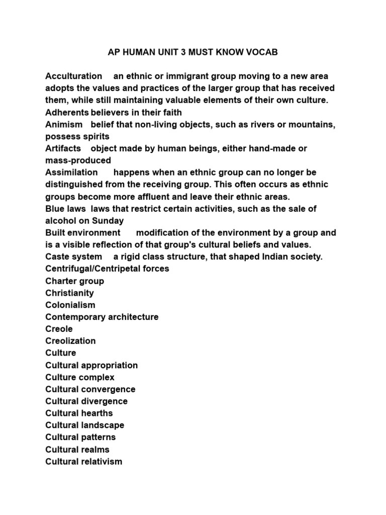 AP Human Geography Vocab Guide | PDF | Ethnicity | Cultural Anthropology