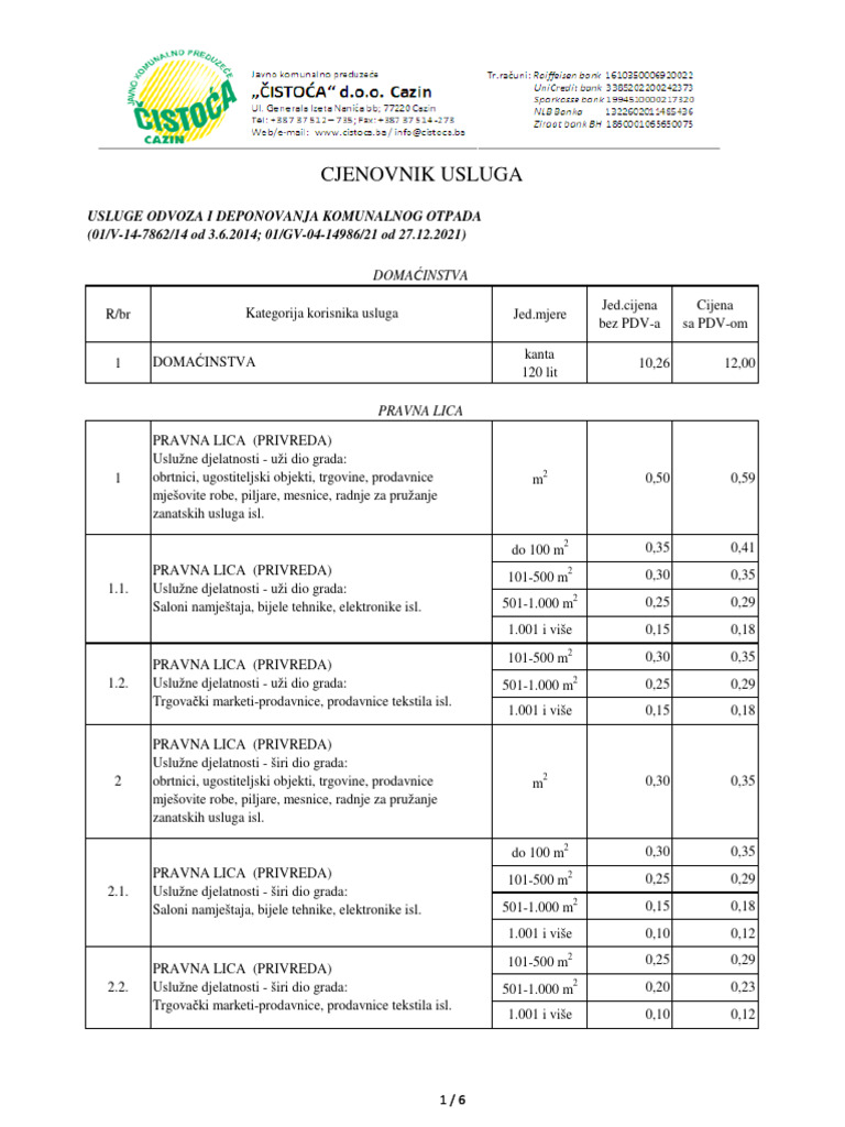 Cjenovnik Usluga JKP Cistoca Doo Cazin | PDF
