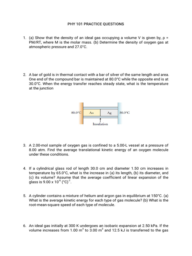 Phy 101 - Practice Questions On Thermodynamics & Gas Laws | PDF