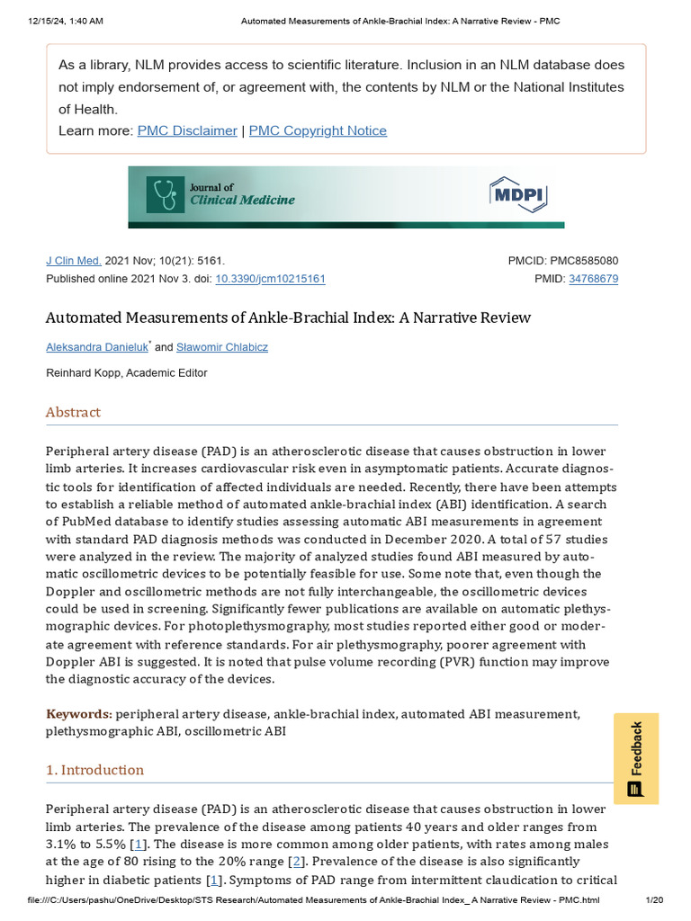 Automated Measurements of Ankle-Brachial Index_ A Narrative Review ... Automated Measurements of Ankle-Brachial Index_ A Narrative Review ...