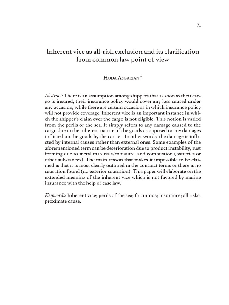 Inherent Vice As All-Risk Exclusion and Its Clarification From Common ...