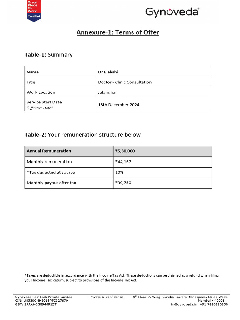 DR Elakshi - Offer Letter | PDF | Mediation | Confidentiality