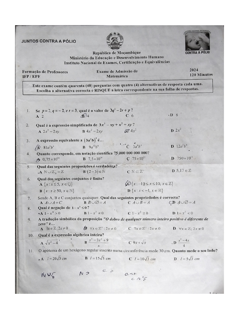 Matematica - IFP - 2024 (12 +3 & 12 +1) - Baixar PDF (MozEstuda - Com ...