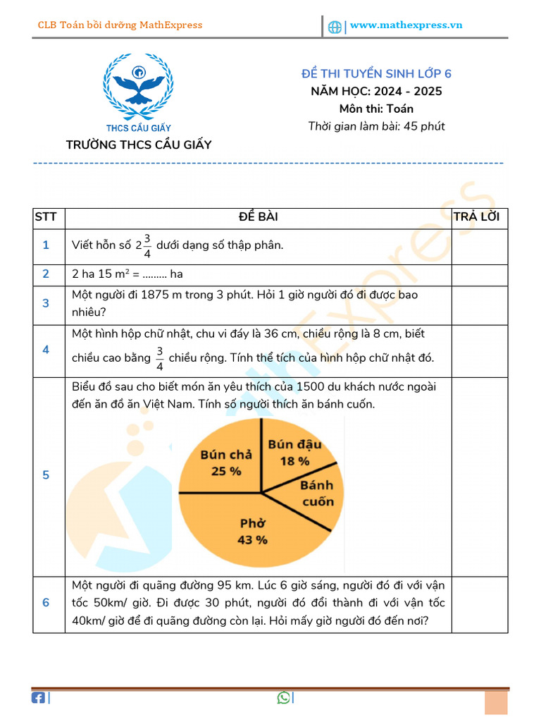 Tá NG Há P Ä Á Thi Chã NH Thá ©C Vã Ä Ã¡p Ã¡n Mã N ToÃ¡n Vã o Lá P 6 Nä M Há C 2024 - 2025 | PDF