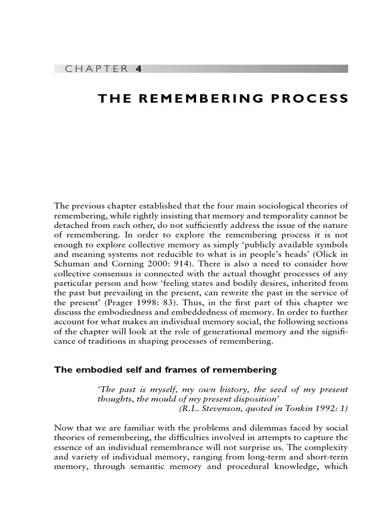Theories of Social Remembering - (Chapter 4 THE REMEMBERING PROCESS) | PDF | Memory | Recall ...