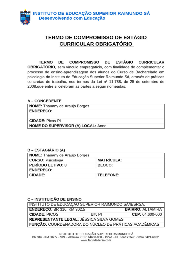 FORMULARIO TERMO ESTAGIO OBRIGATORIO - Doc 1 | PDF | Estágio | Procura de Emprego