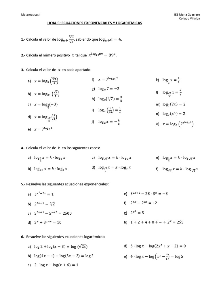 HOJA 05 Ecuaciones Exponenciales y Logarítmicas II | PDF | Matemáticas | Aritmética