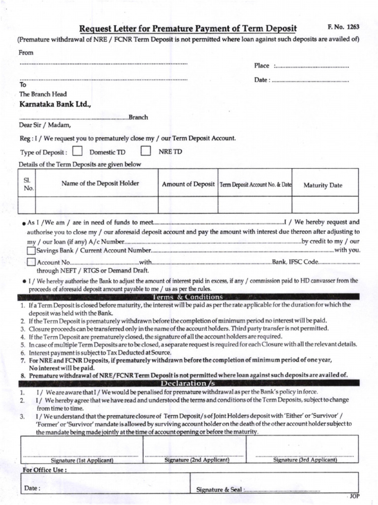 Request for Premature FD Closure | PDF | Government Finances | Private ...